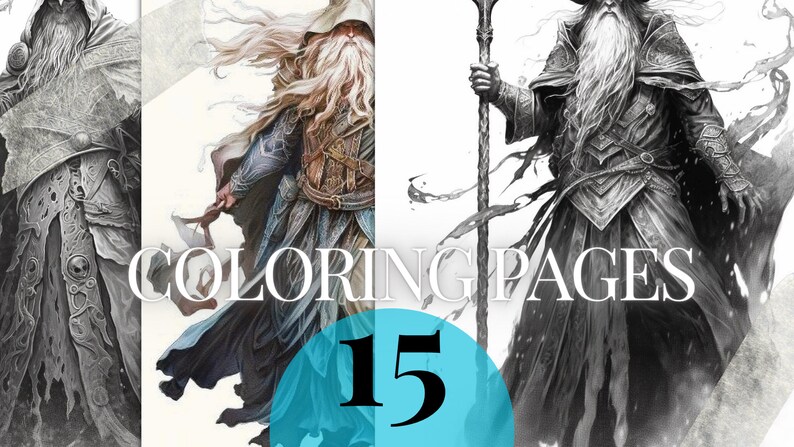 Fantasy Wizards Printable PDF | 15 Grayscale Coloring Pages | Instant ...
