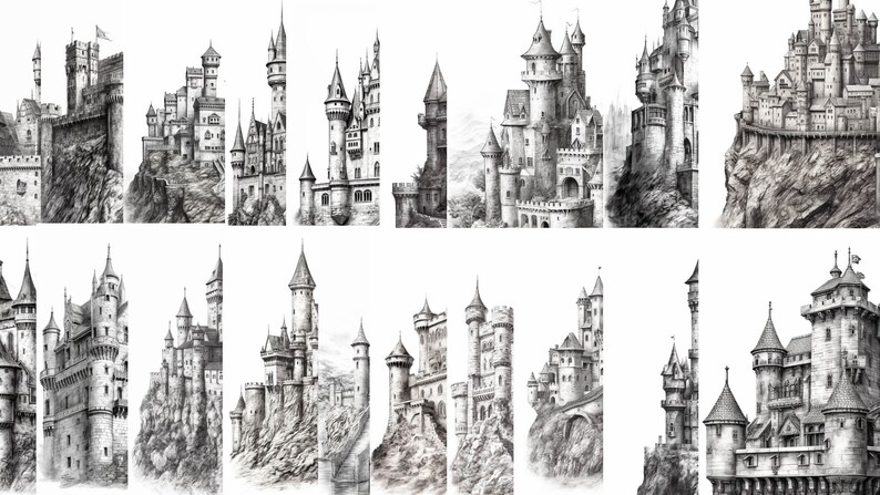 Fantasy Magic Castle Printable PDF | Set 1 | 30 Grayscale Coloring ...