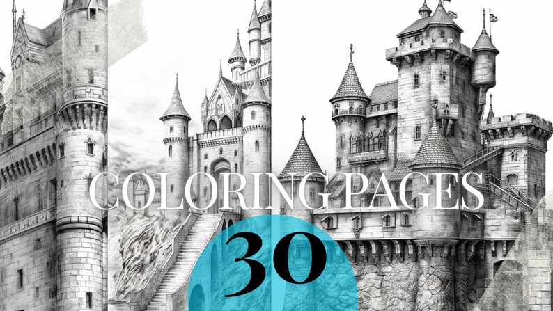 Fantasy Magic Castle Printable PDF Set 1 30 Grayscale Coloring Pages ...