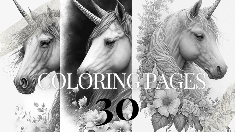 30 Grayscale Coloring Pages Set 1 Fantasy Unicorns - Etsy