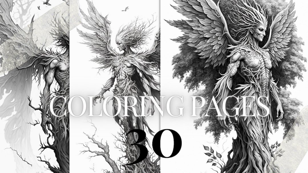 30 Grayscale Coloring Pages | Set 3 | Fantasy Forest Tree Guardians ...