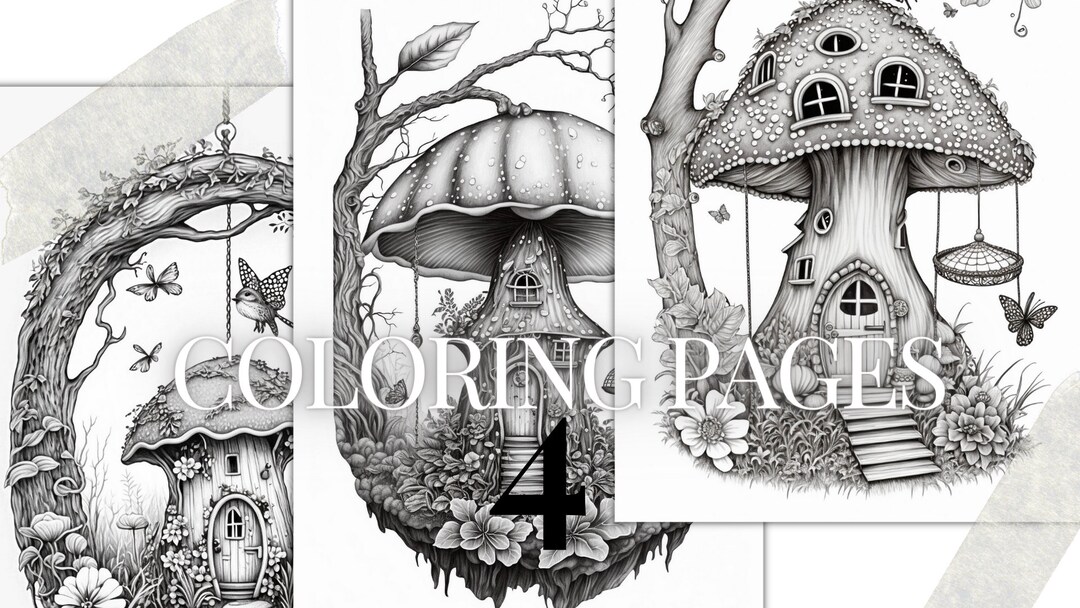 Fantasy Fairy Mushroom Houses Printable PDF | 4 Grayscale Coloring ...
