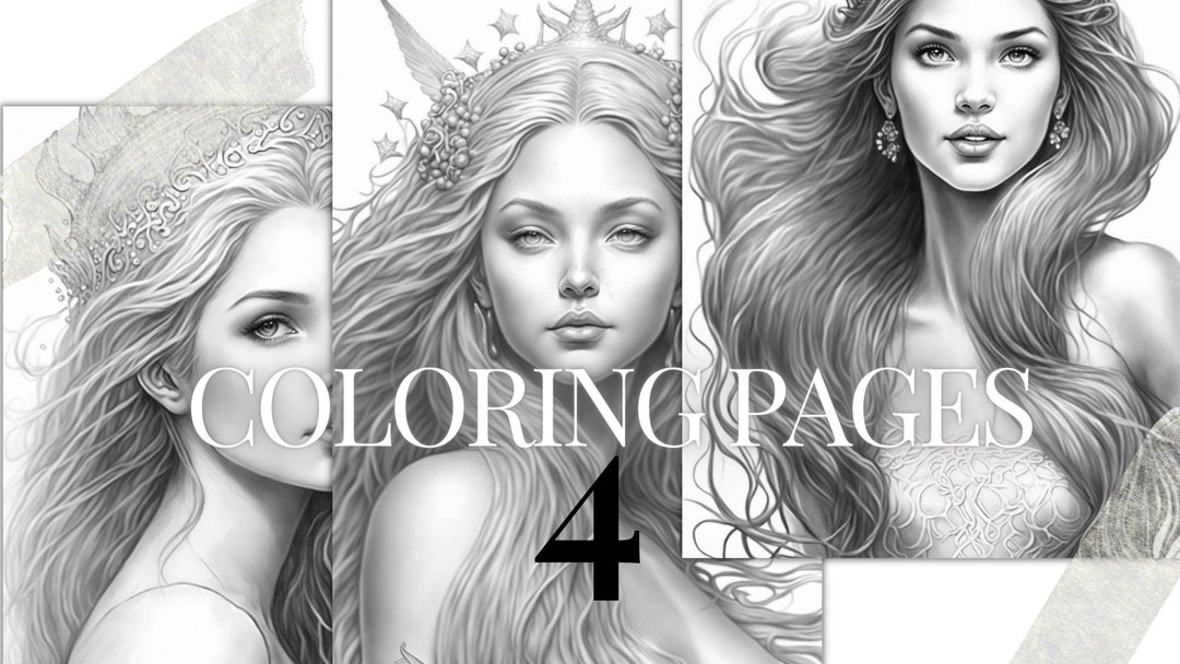 Fantasy Style Mermaids Printable PDF | 4 Grayscale Coloring Pages ...