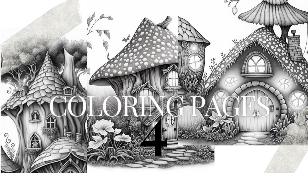 Fantasy Style Fairy Houses Printable PDF | 4 Grayscale Coloring Pages ...