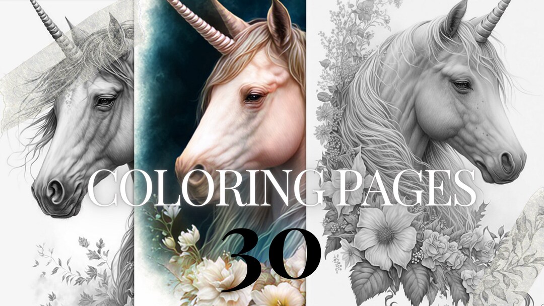 30 Grayscale Coloring Pages | Set 1 | Fantasy Unicorns Printable PDF ...