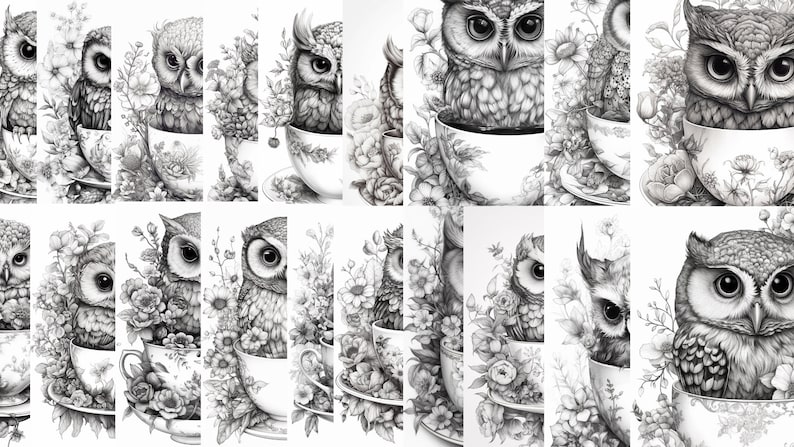 Fantasy Tea Cup Owls Printable PDF Set 1 30 Grayscale - Etsy