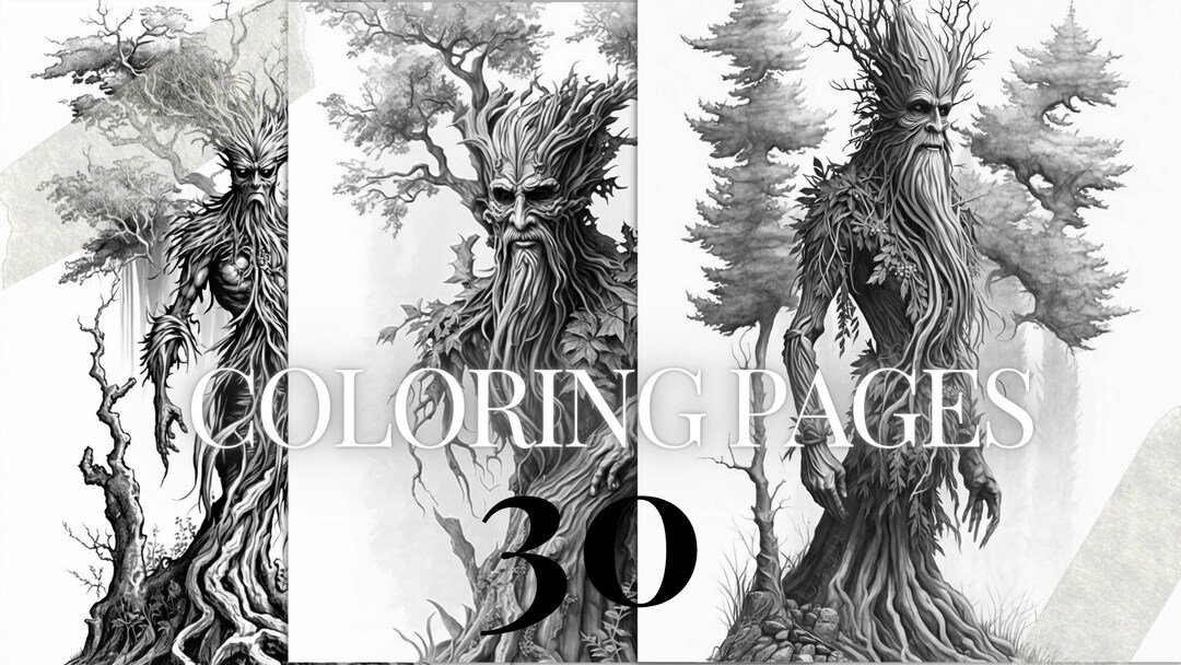 30 Grayscale Coloring Pages | Set 2 | Fantasy Forest Tree Guardians ...