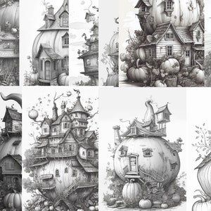 42 Grayscale Coloring Pages | Fantasy Pumpkin Fairy Houses Printable ...
