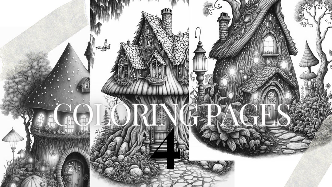 Fantasy Style Fairy Houses Printable PDF | 4 Grayscale Coloring Pages ...