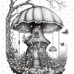 Fantasy Fairy Mushroom Houses Printable PDF | 4 Grayscale Coloring ...