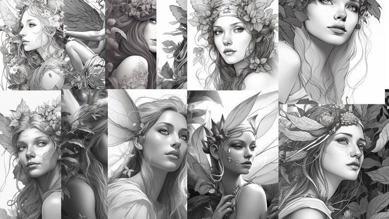 42 Grayscale Coloring Pages Fantasy Forest Fairy Princesses - Etsy