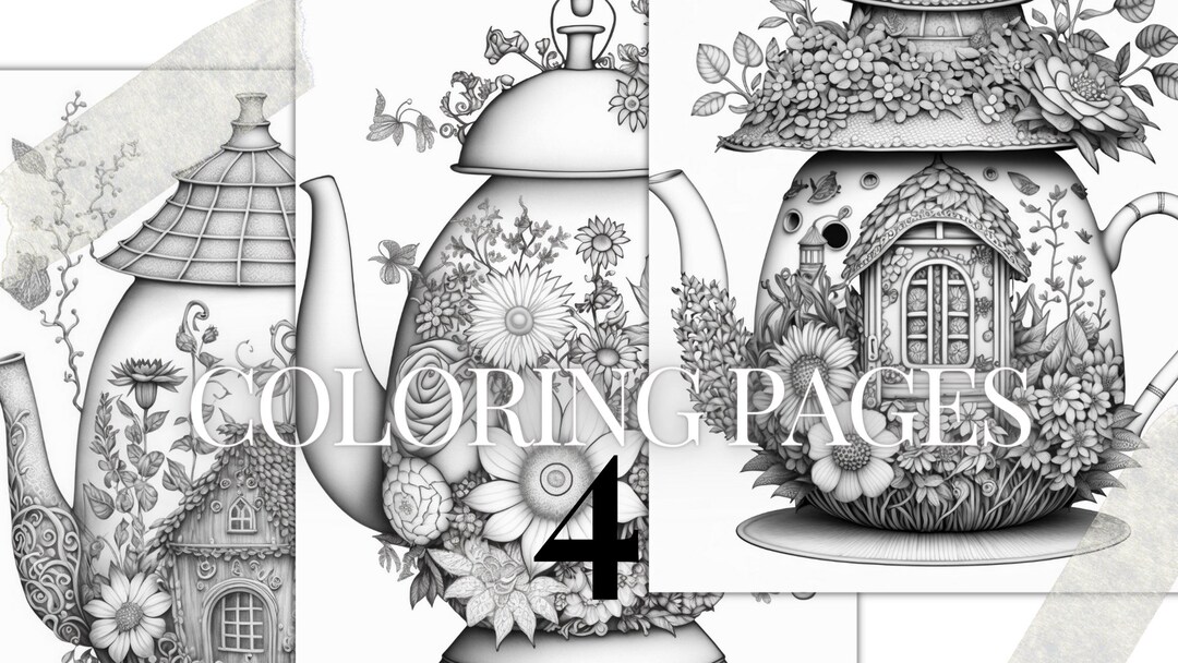 Fantasy Style Teapot Fairy Houses Printable PDF | 4 Grayscale Coloring ...