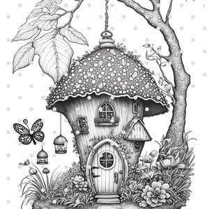 Fantasy Fairy Mushroom Houses Printable PDF | 4 Grayscale Coloring ...