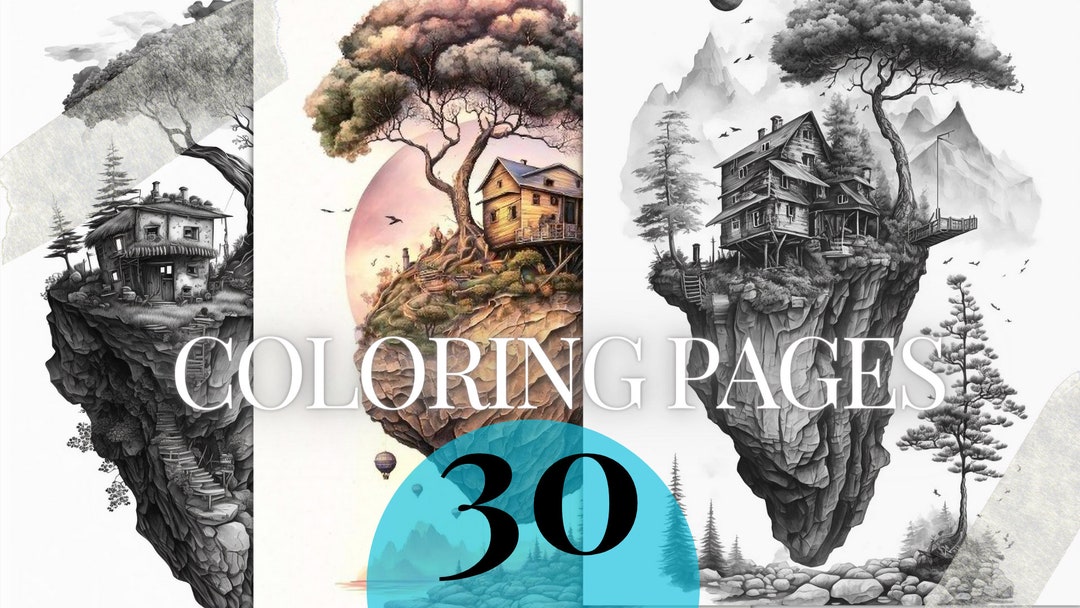 30 Grayscale Coloring Pages | Set 1 | Fantasy Floating Sky Islands ...