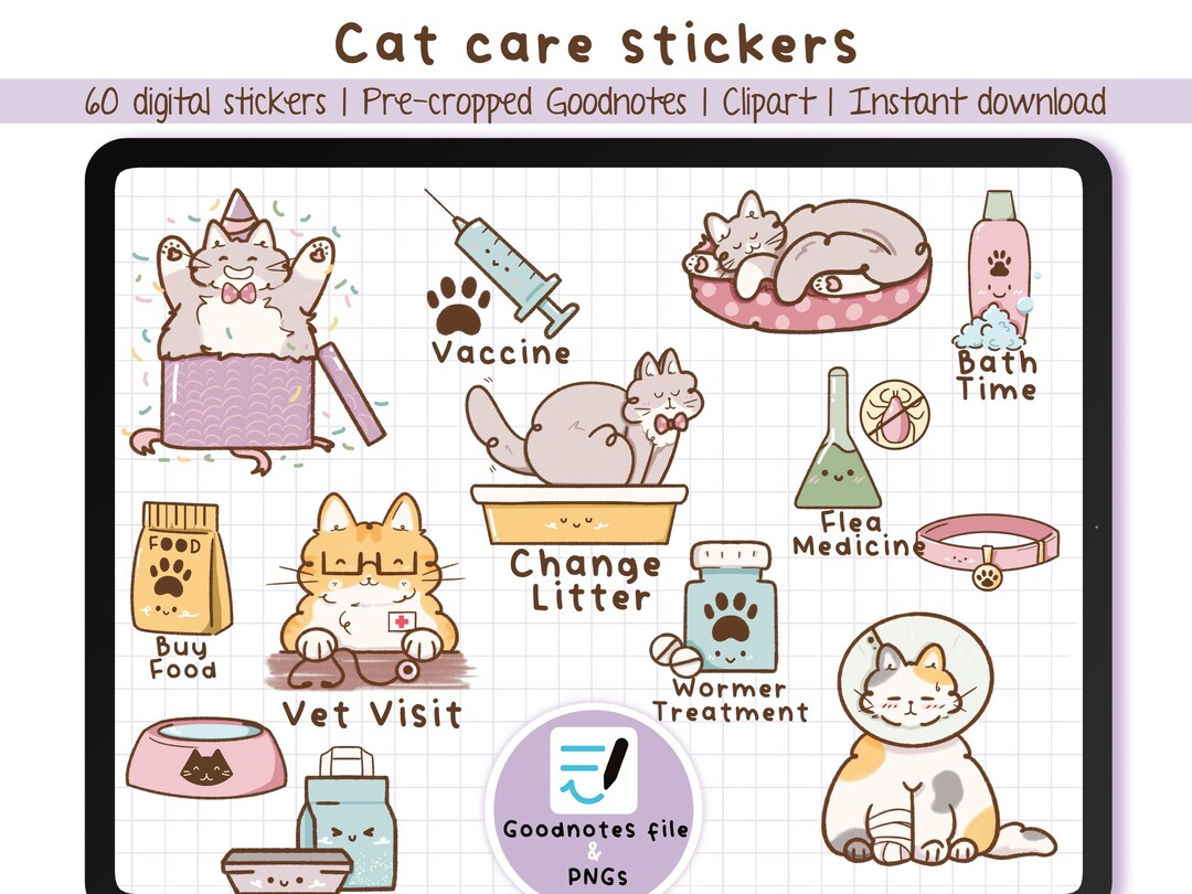 Cat Care Digital Stickers, 60 Kawaii and Cute Stickers for Taking Care ...
