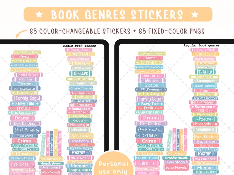 Book Genres Digital Stickers, Customizable Colors for Reading Journals ...