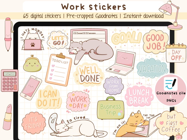Work Digital Stickers Office Clipart, Cute Cats, Motivational Quotes ...