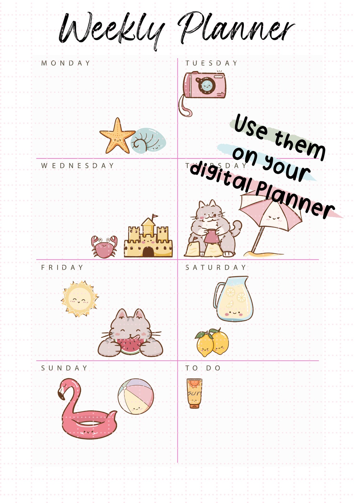 Summer Digital Stickers Handmade, 50 Kawaii Stickers for Digital ...