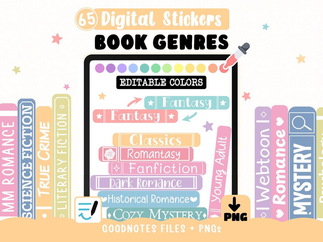 Book Genres Digital Stickers, Customizable Colors for Reading Journals ...