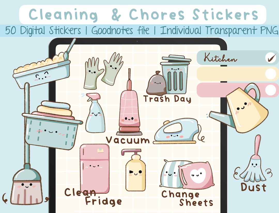 Chores Cleaning Digital Stickers, 50 Kawaii Stickers for Planner, Pre ...
