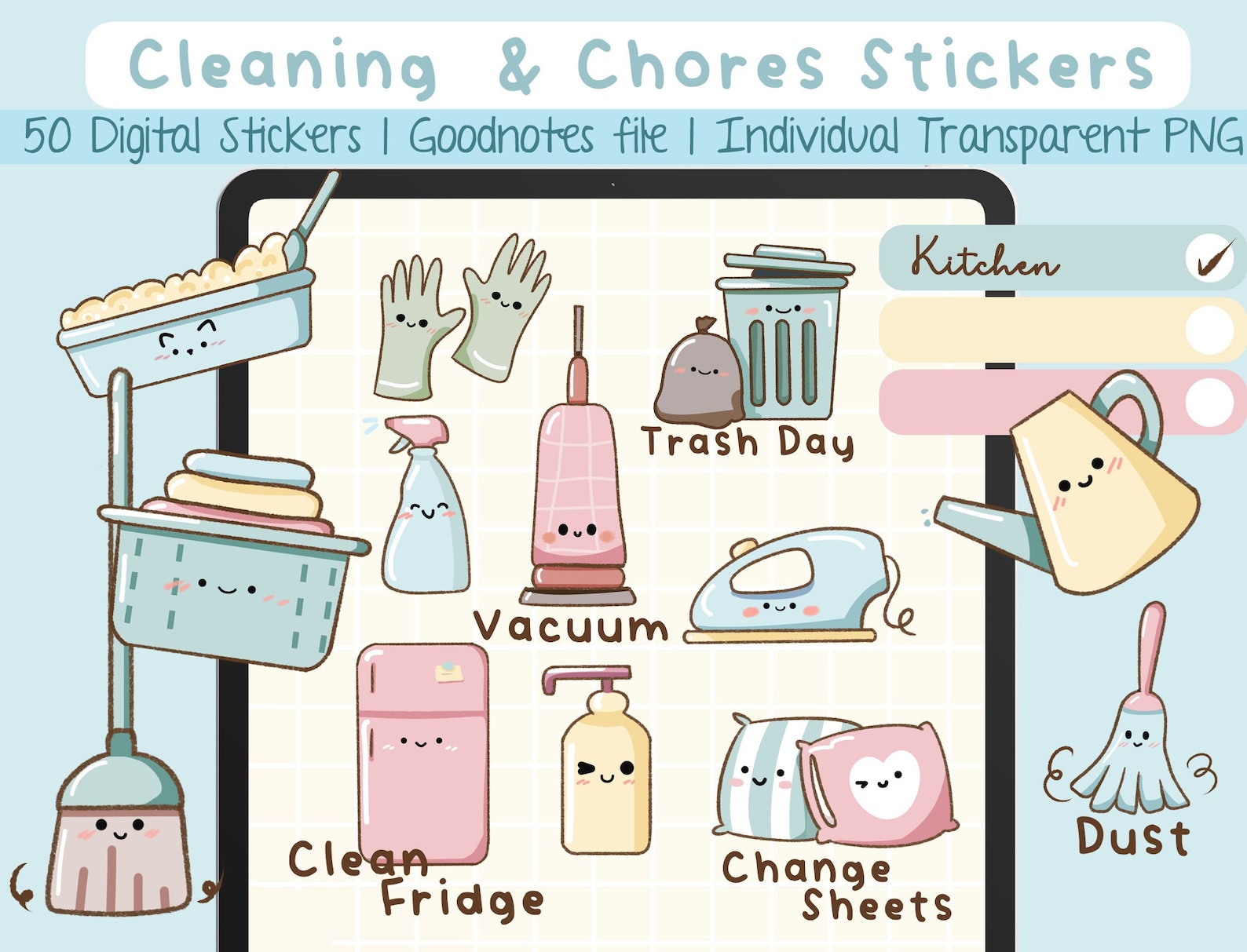 Chores Cleaning Digital Stickers, 50 Kawaii Stickers for Planner, Pre ...