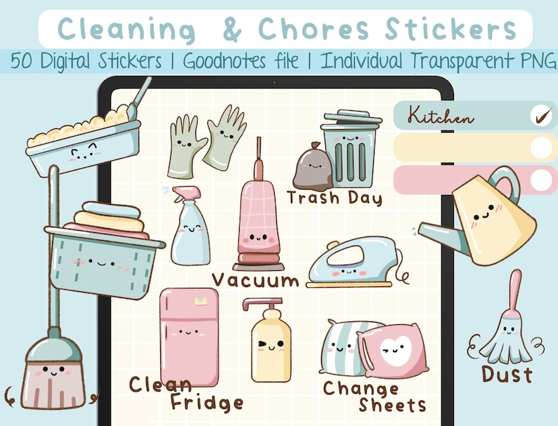 Chores Cleaning Digital Stickers, 50 Kawaii Stickers for Planner, Pre ...