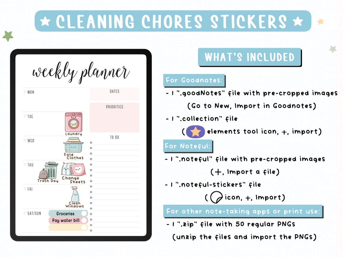 Chores Cleaning Digital Stickers, 50 Kawaii Stickers for Digital ...