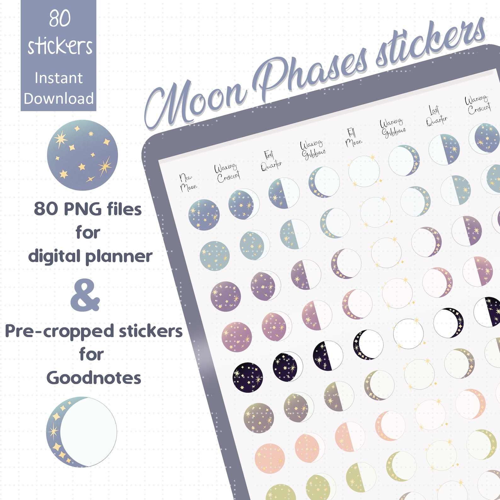 Moon Phases Digital Stickers, Lunar Cycle With Watercolor Touch ...
