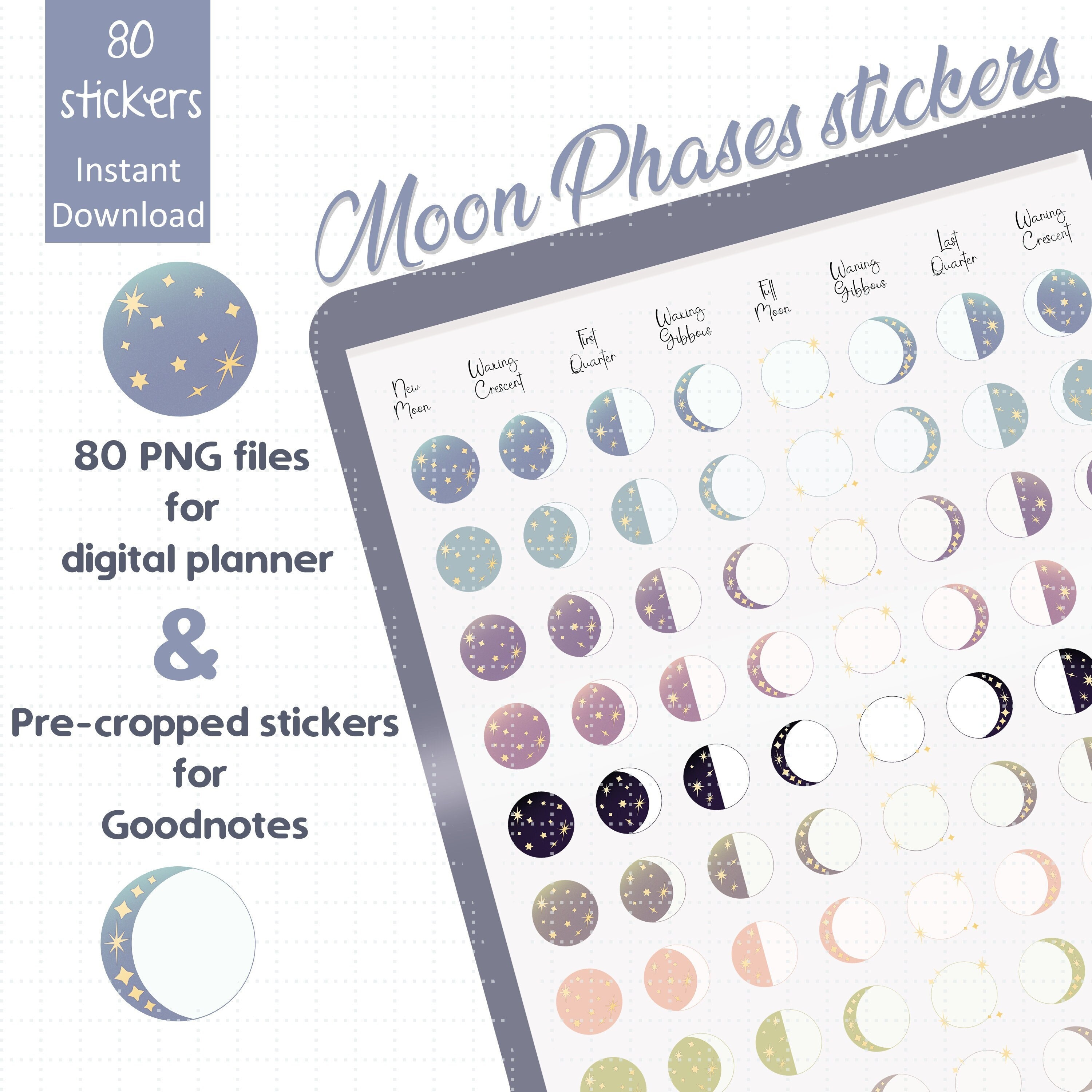 Moon Phases Digital Stickers, Lunar Cycle With Watercolor Touch ...