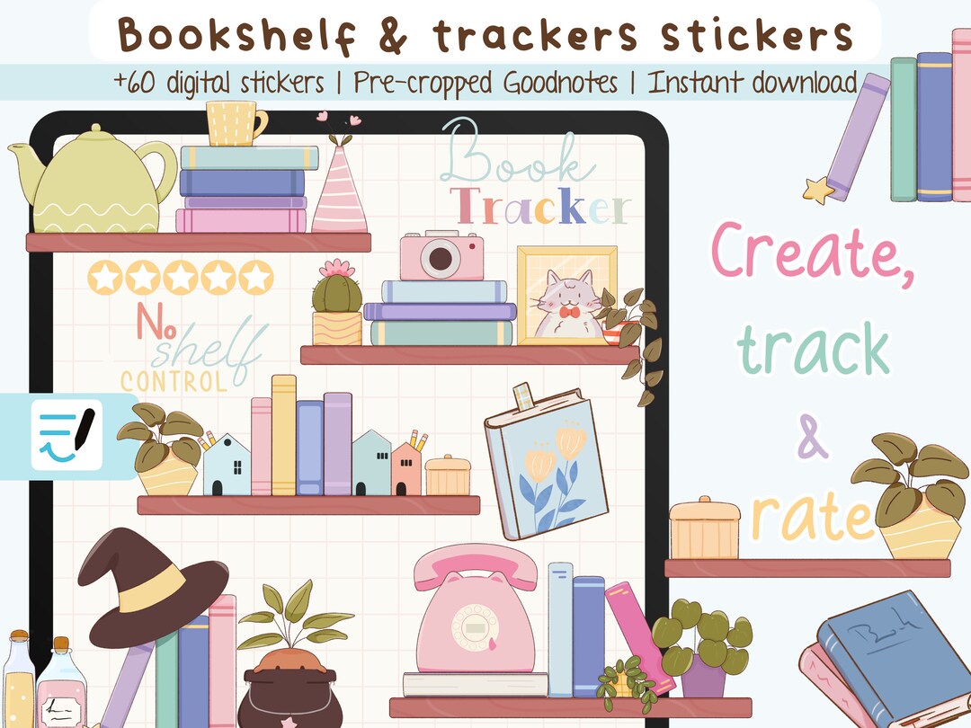 Digital Stickers Bookshelf, Reading Tracking Pre-cropped for Goodnotes ...