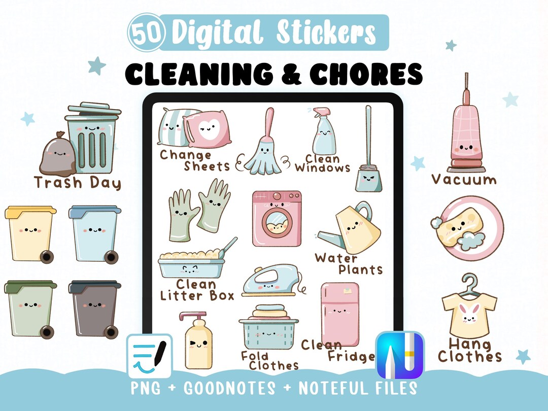 Chores Cleaning Digital Stickers, 50 Kawaii Stickers for Digital ...