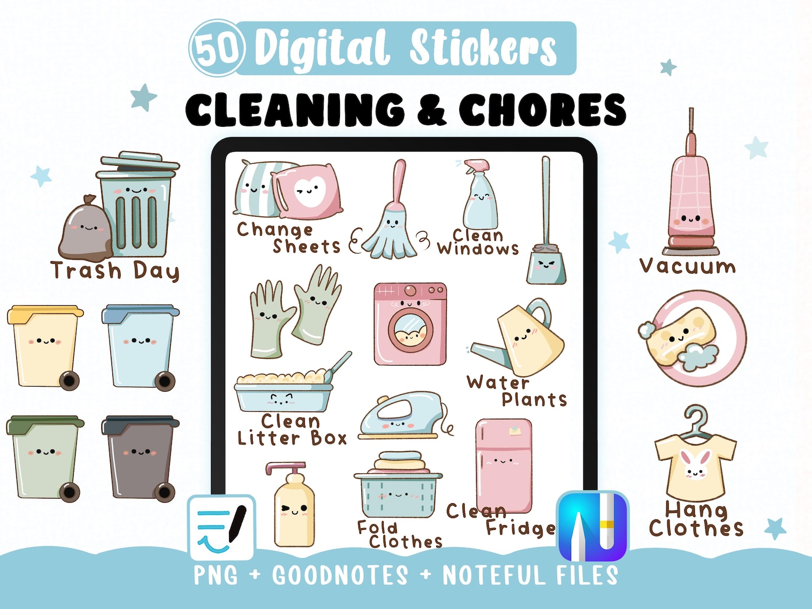 Chores Cleaning Digital Stickers, 50 Kawaii Stickers for Digital ...