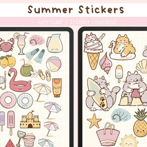Summer Digital Stickers Handmade, 50 Kawaii Stickers for Digital ...