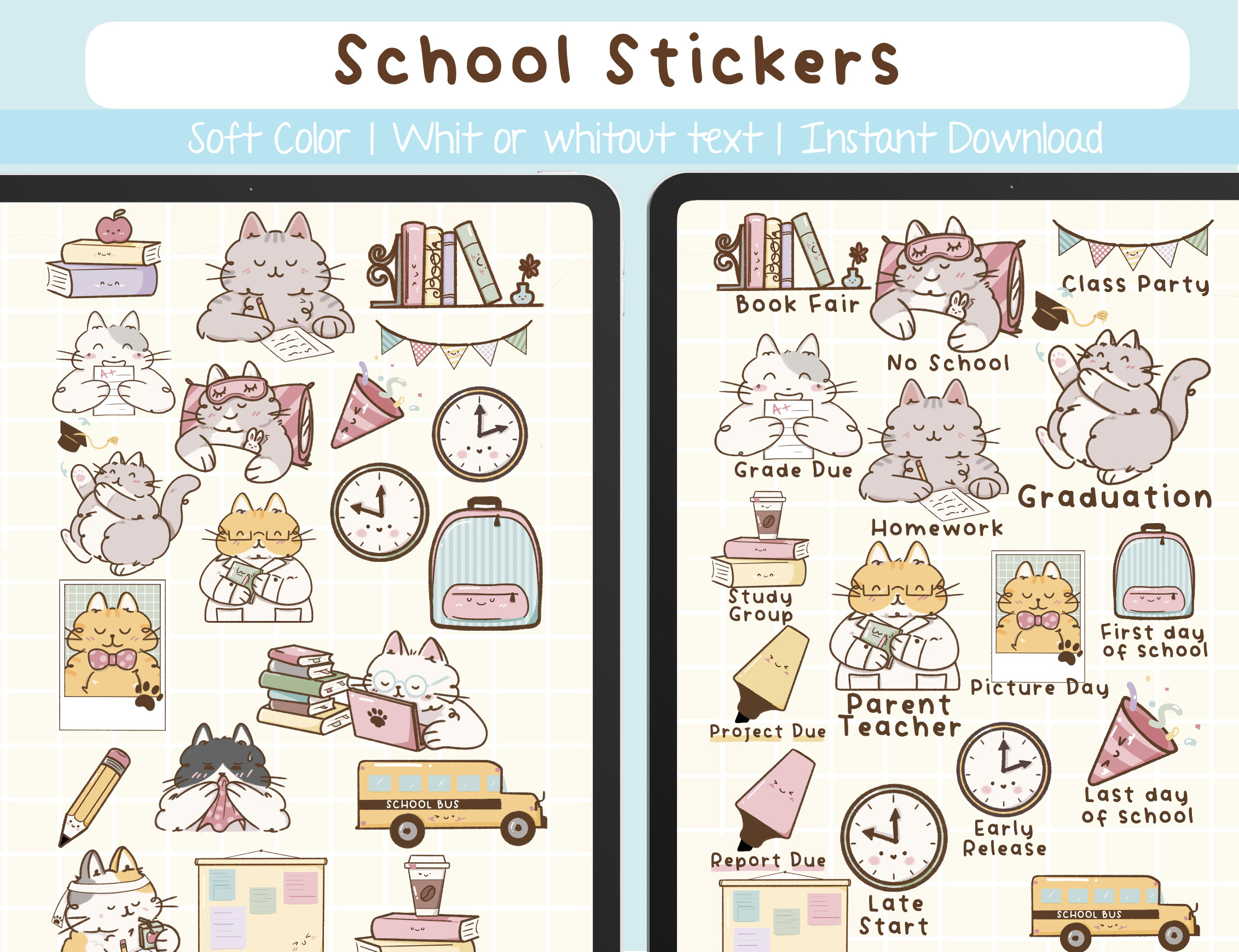 School Digital Stickers, 95 Kawaii Digital Stickers for Students and ...