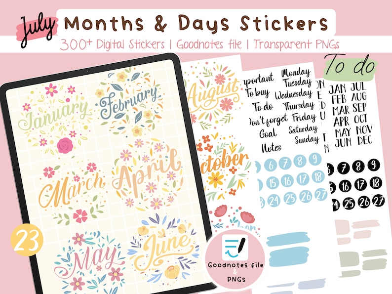 Months and Days Stickers for Goodnotes and Digital Planners, Pre ...