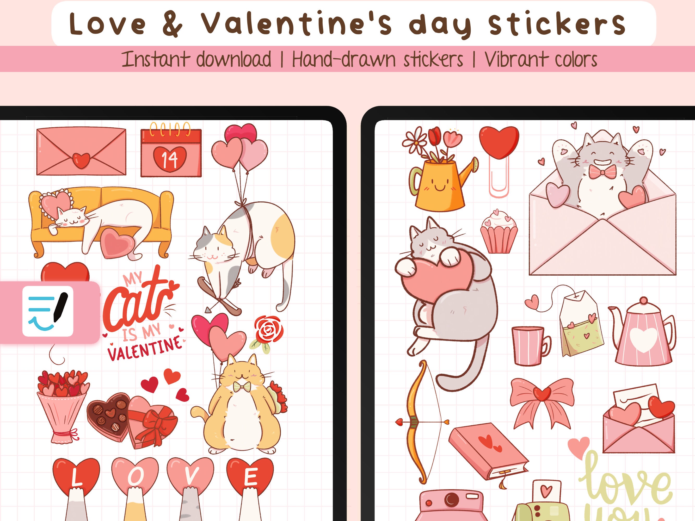 Valentine's Day Digital Stickers, Love Goodnotes Pre-cropped Stickers ...