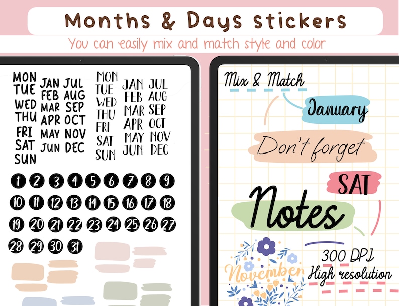 Months and Days Stickers for Goodnotes and Digital Planners, Pre ...