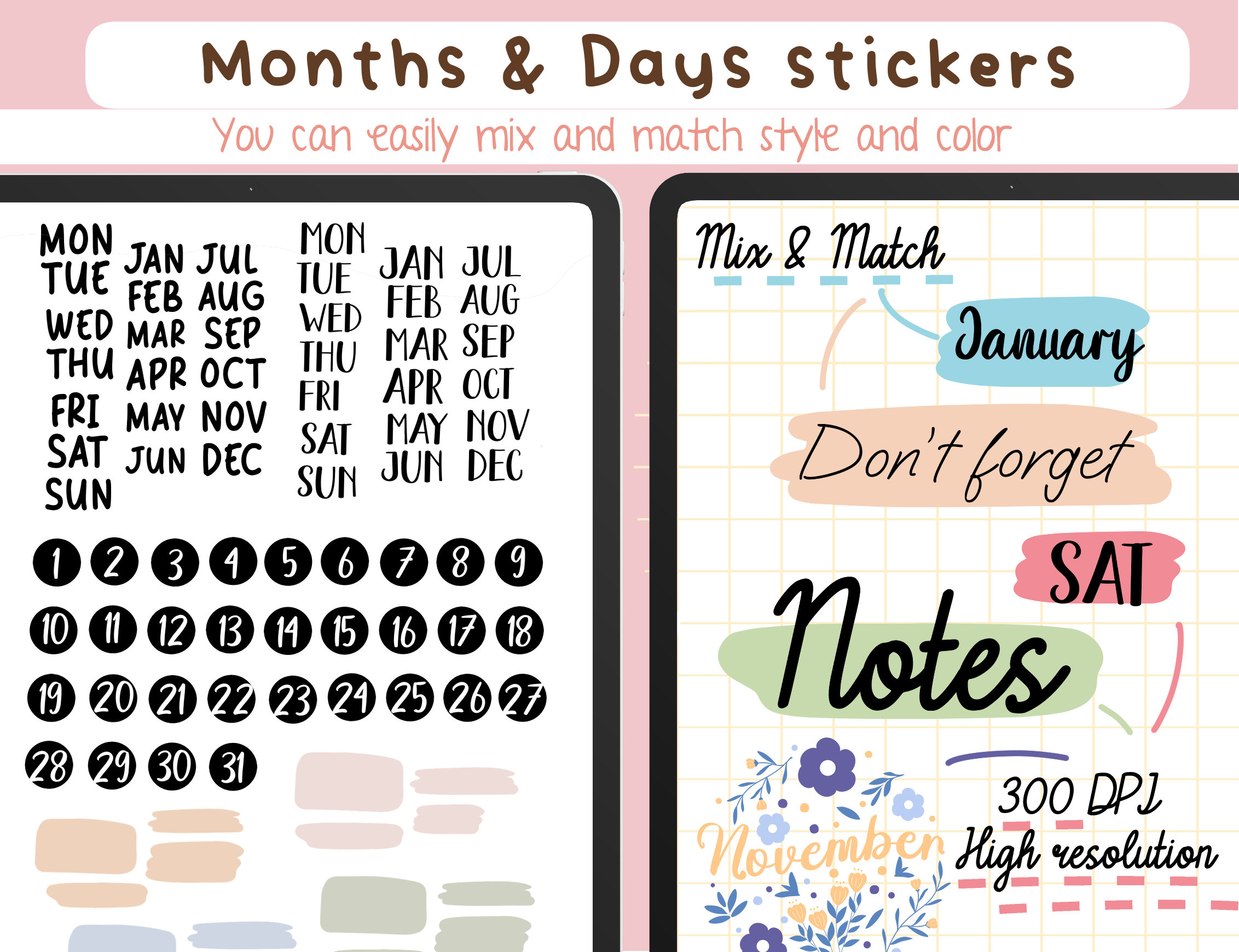 Months and Days Stickers for Goodnotes and Digital Planners, Pre ...
