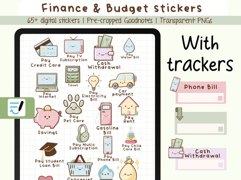 Finance and Budget Digital Stickers, 68 Kawaii Clipart for Your Budget ...