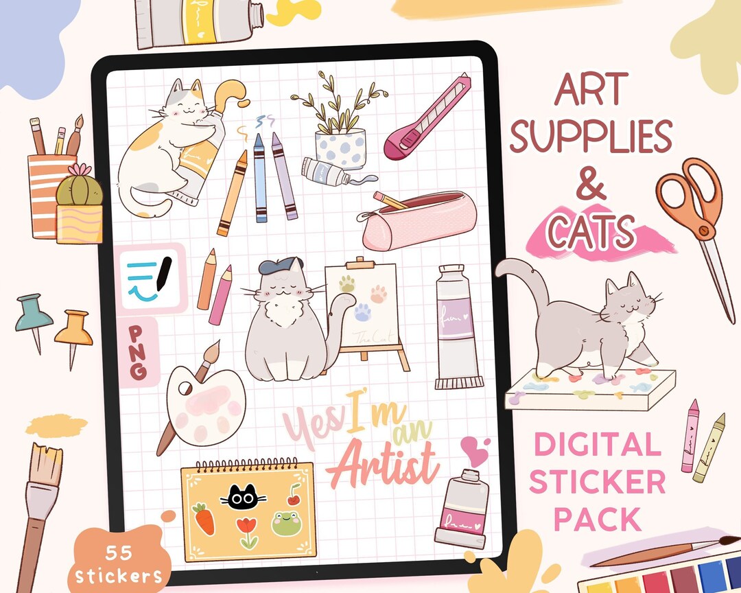 Digital Stickers Art Supplies, Cat Artist Stickers for Goodnotes, Art ...
