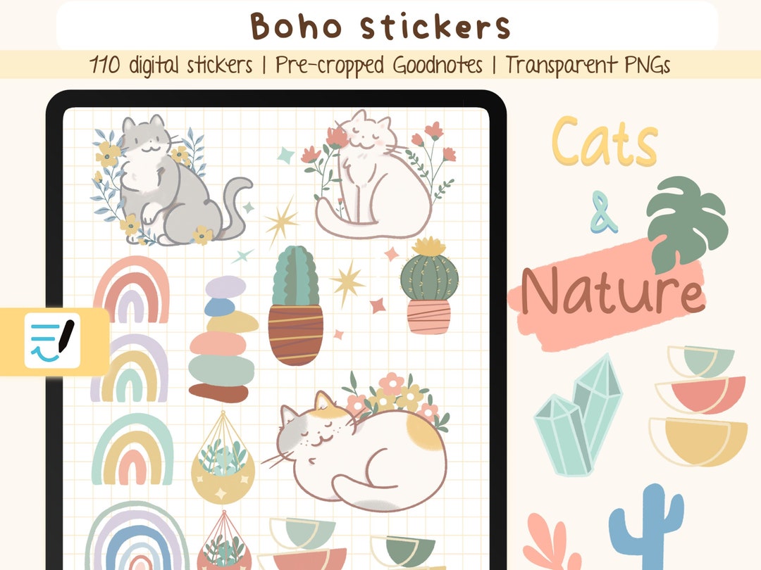 Digital Stickers Boho Cat, 110 Bohemian Cliparts for Digital Planner ...