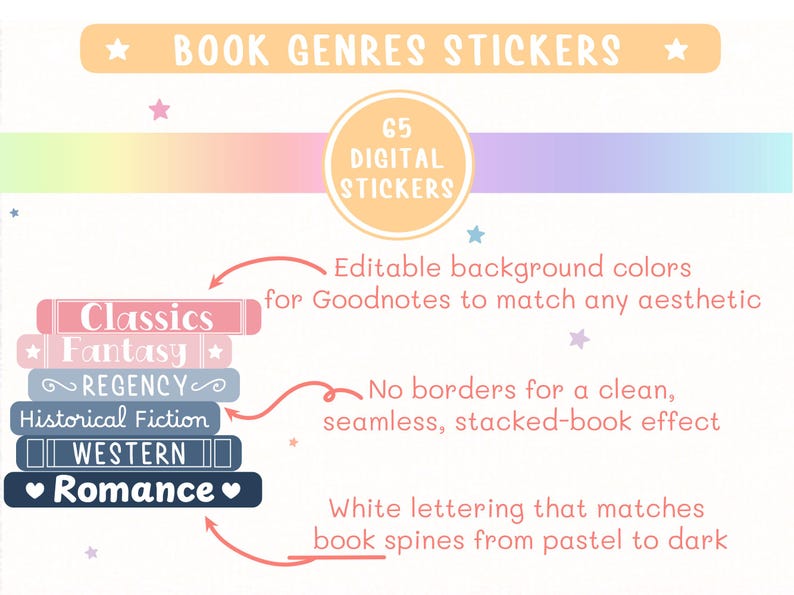 Book Genres Digital Stickers, Customizable Colors for Reading Journals ...