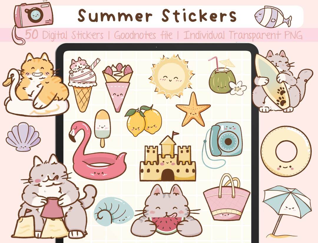 Summer Digital Stickers Handmade, 50 Kawaii Stickers for Digital ...