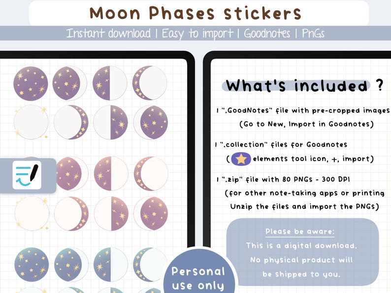 Moon Phases Digital Stickers, Lunar Cycle With Watercolor Touch ...