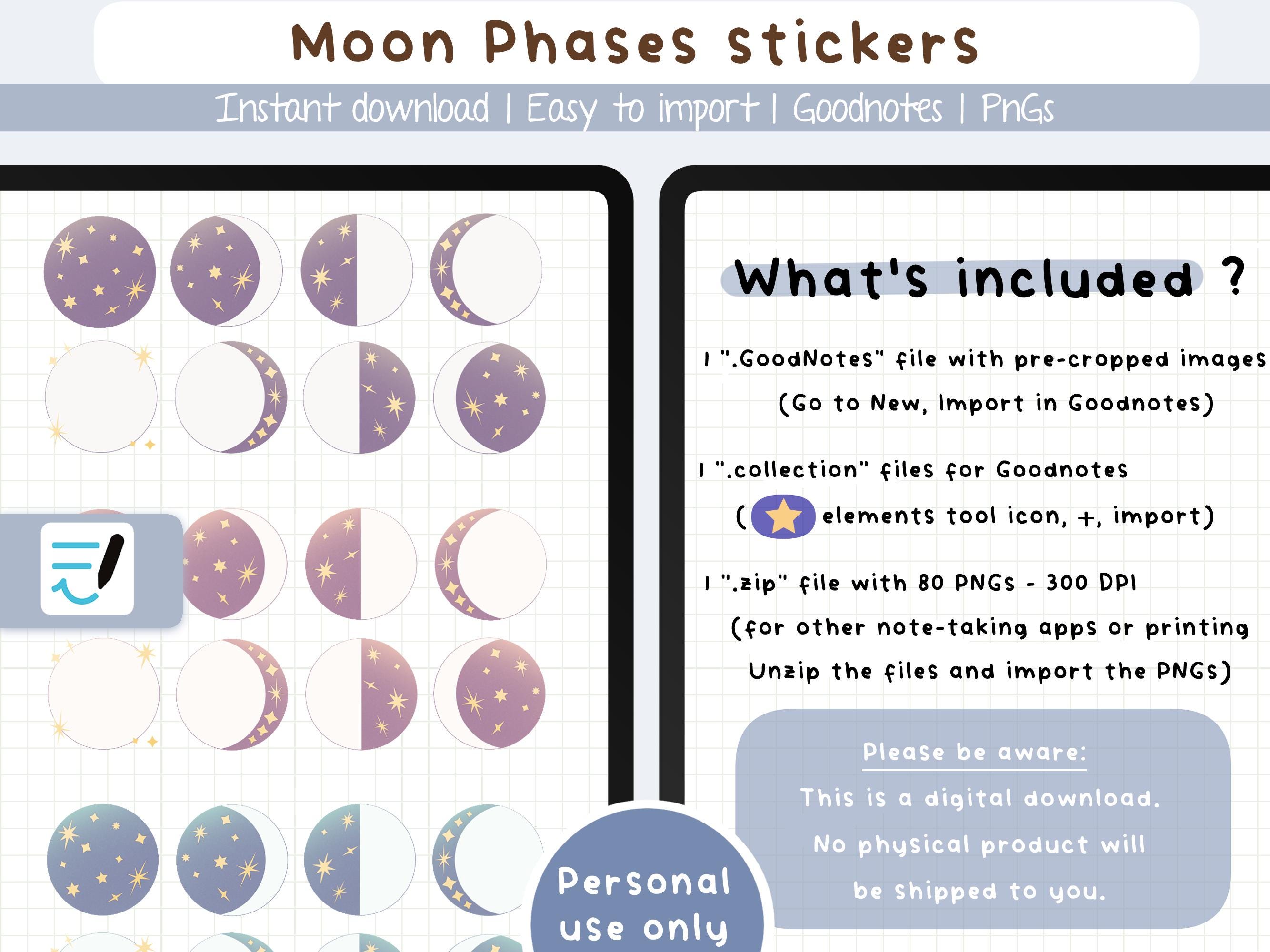 Moon Phases Digital Stickers, Lunar Cycle With Watercolor Touch ...