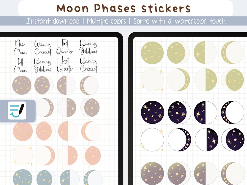 Moon Phases Digital Stickers, Lunar Cycle With Watercolor Touch ...