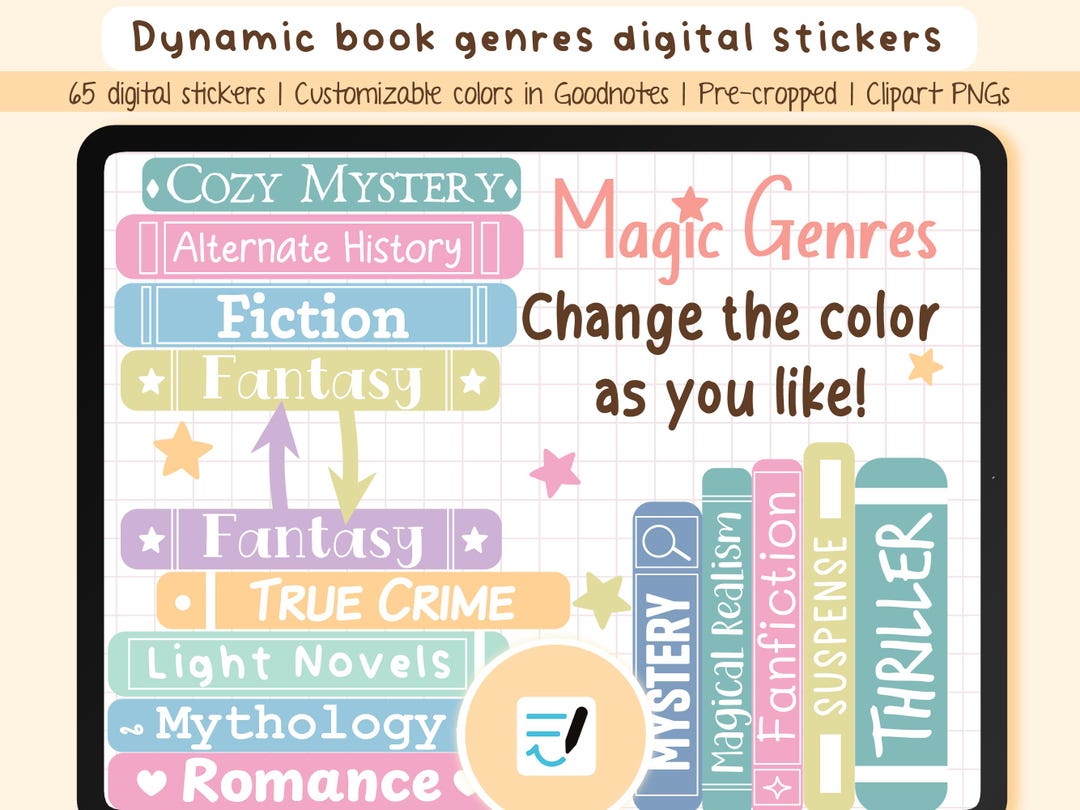 Book Genres Digital Stickers, Customizable Colors for Reading Journals ...