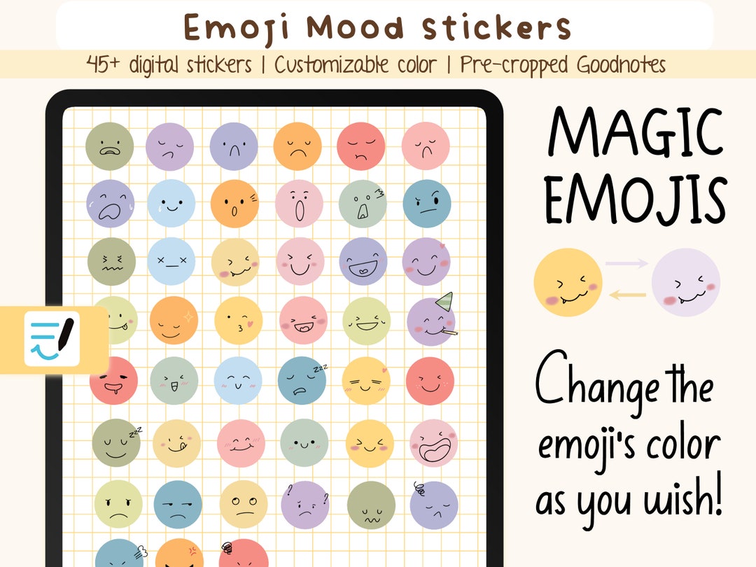Emoji Mood Digital Stickers for Mood Tracker, 45 Cute Mood Stickers ...