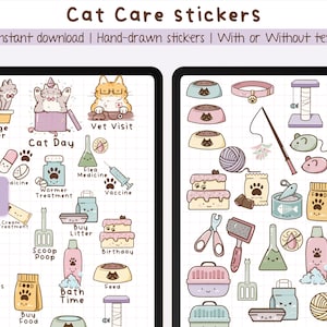 Cat Care Digital Stickers, 60 Kawaii and Cute Stickers for Taking Care ...