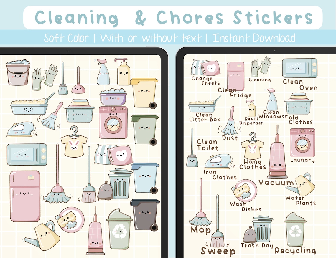 Chores Cleaning Digital Stickers, 50 Kawaii Stickers for Planner, Pre ...